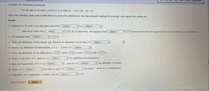 Solved For all setsA,B, and C, if B∩CCA, then {C−A)∩(θ−A)=p. | Chegg.com