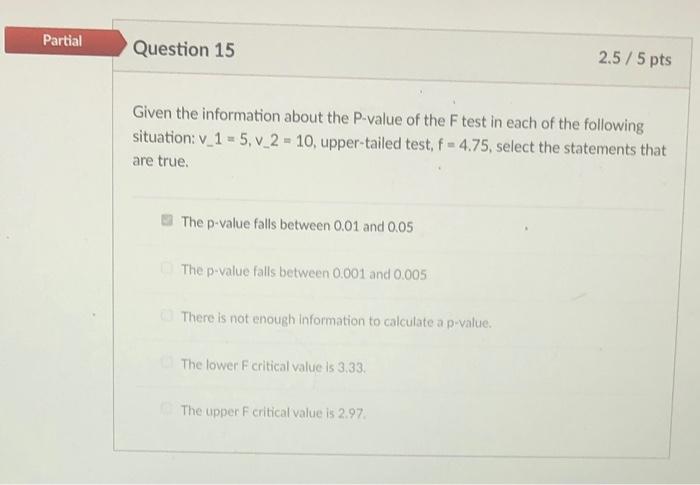 Solved Given the information about the P-value of the F test | Chegg.com