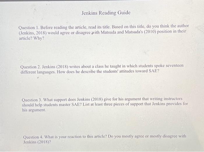 Solved Jenkins Reading Guide Question 1. Before reading the | Chegg.com