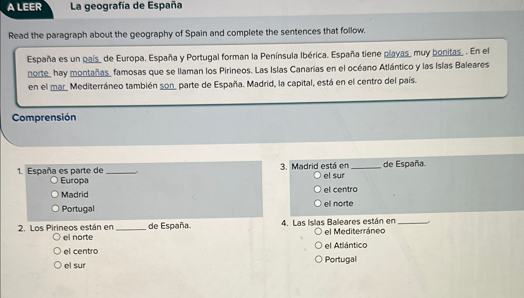 Solved A LEERLa geografía de EspañaRead the paragraph about | Chegg.com