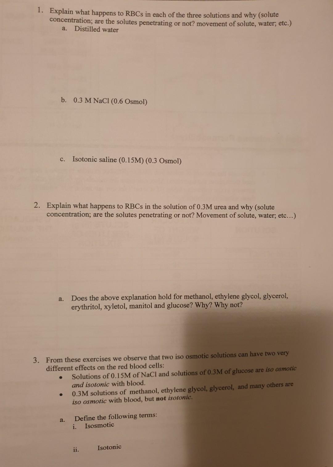 Solved 1. Explain what happens to RBCs in each of the three | Chegg.com
