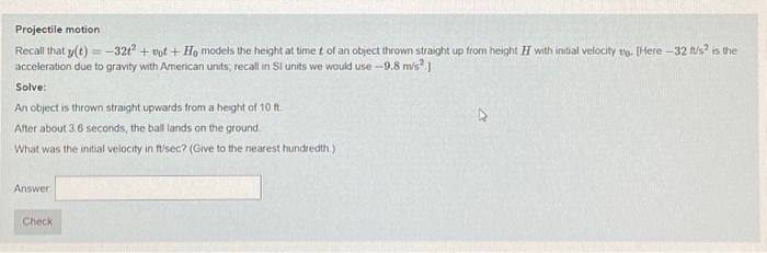 Solved Projectile motion Recall that y(t) = -32t² + vot + Ho | Chegg.com