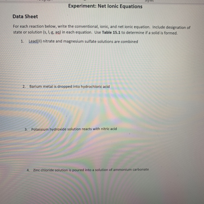 Solved Experiment: Net Ionic Equations Data Sheet For each | Chegg.com