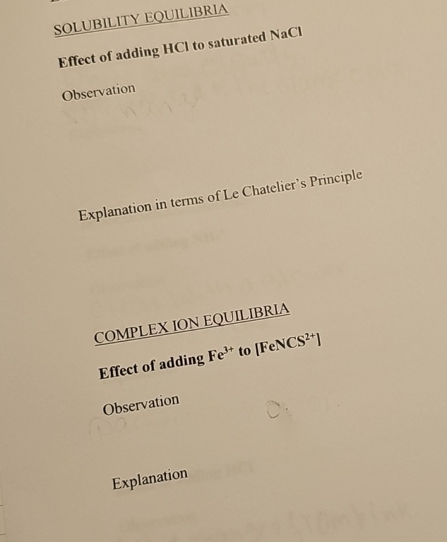 Solved SOLUBILITY EQUILIBRIAEffect of adding HCl to | Chegg.com