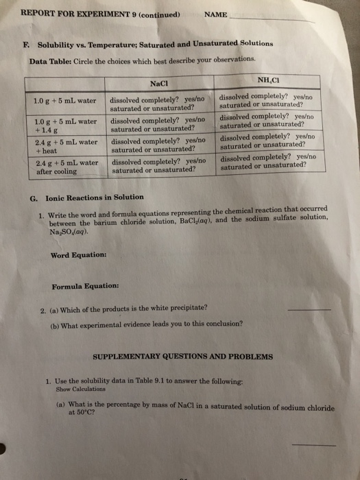 Solved REPORT FOR EXPERIMENT 9 (continued) F. Solubility vs. | Chegg.com