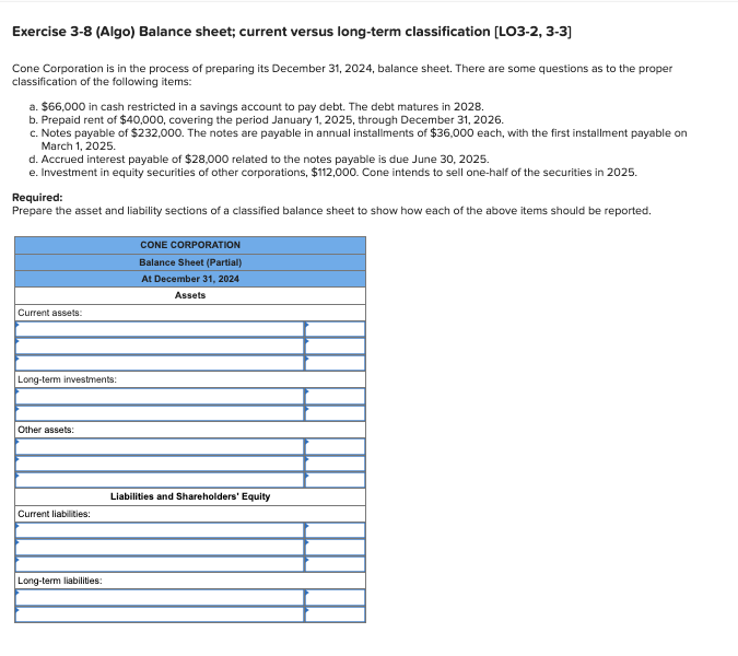 Solved Exercise 3-8 (Algo) ﻿Balance sheet; current versus | Chegg.com
