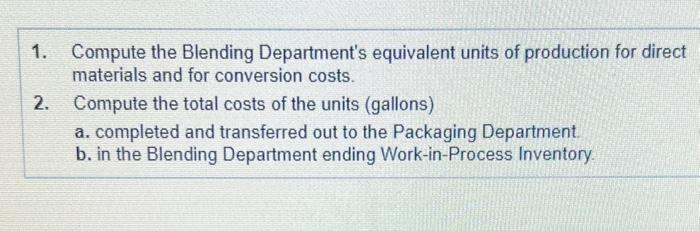 Solved Data table 1. Compute the Blending Department's | Chegg.com