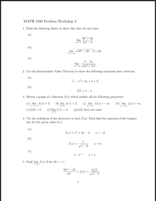 Solved MATH 1500 Problem Workshop 3 1. Find the following | Chegg.com