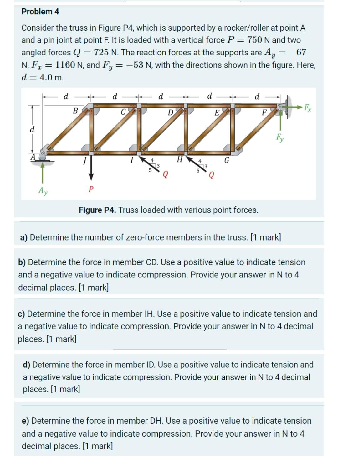 Solved Consider the truss in Figure P4, which is supported | Chegg.com