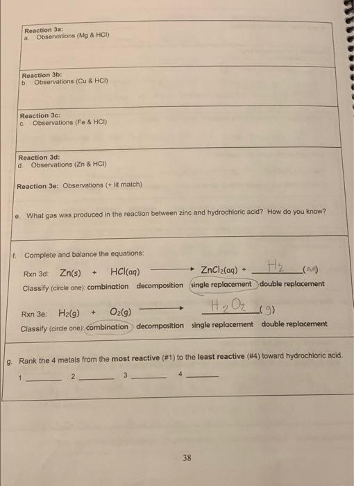 Solved Reaction 3a: a Observations (Mg & HCI) Reaction 3b: b | Chegg.com