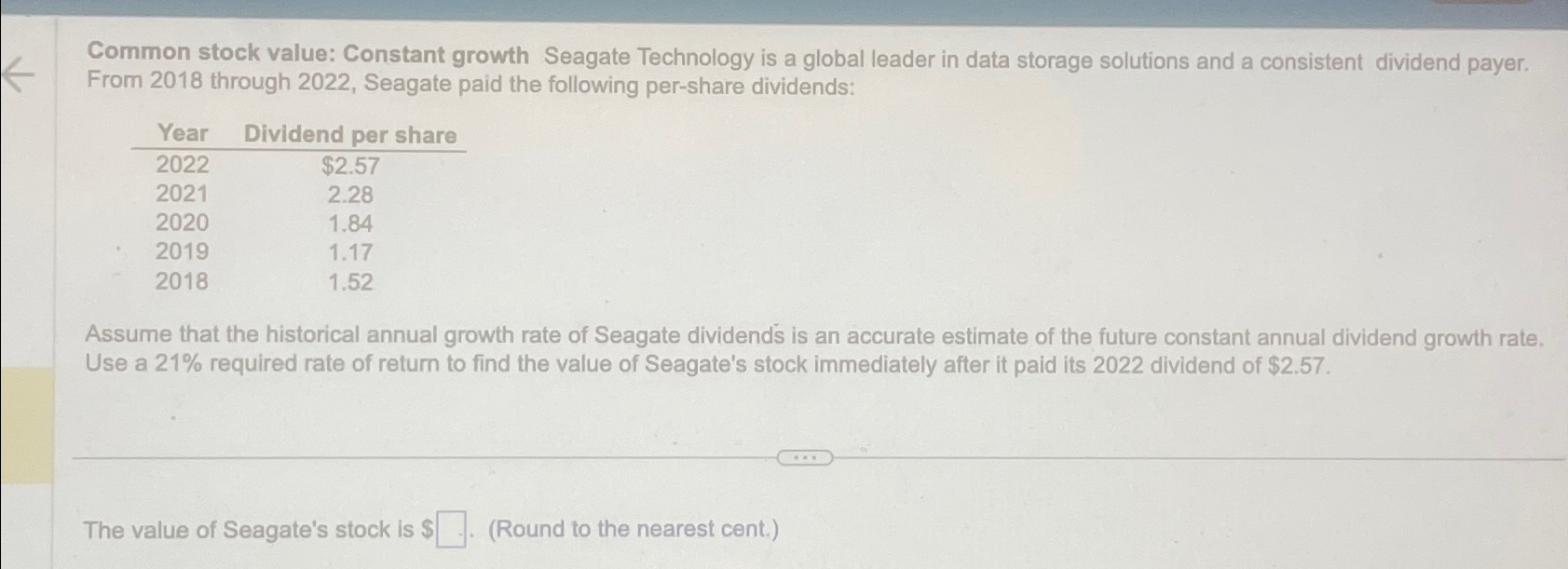 Solved Common stock value: Constant growth Seagate | Chegg.com