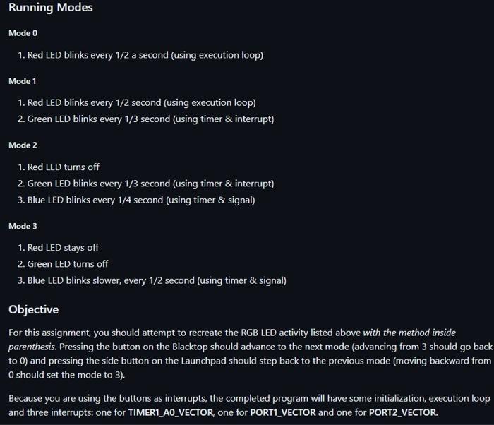 Solved Mode 0 1. Red LED blinks every 1/2 a second (using | Chegg.com