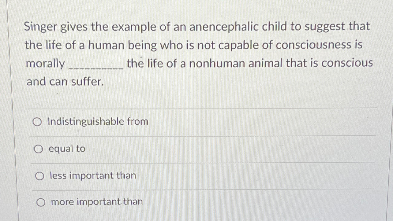 Solved Singer gives the example of an anencephalic child to | Chegg.com