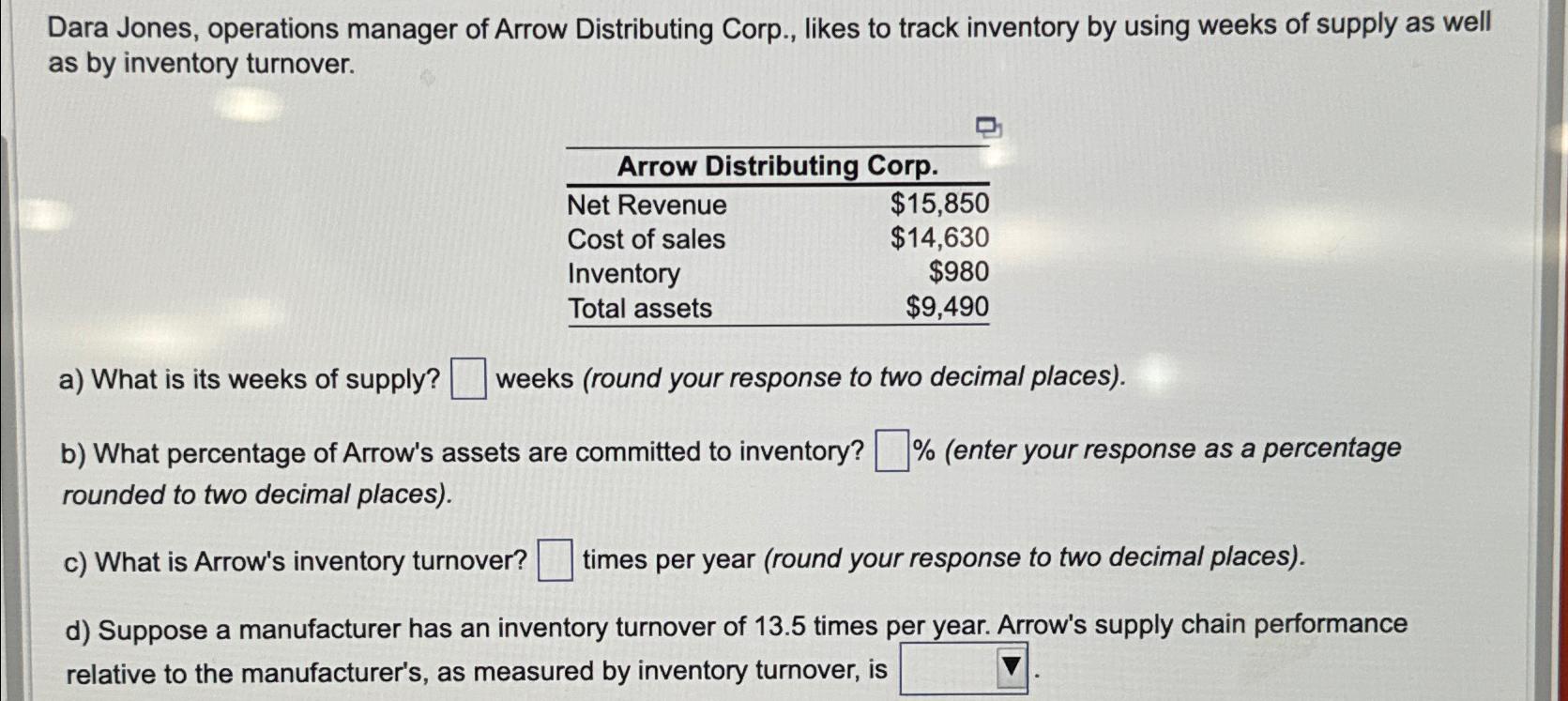 Solved Dara Jones, operations manager of Arrow Distributing | Chegg.com