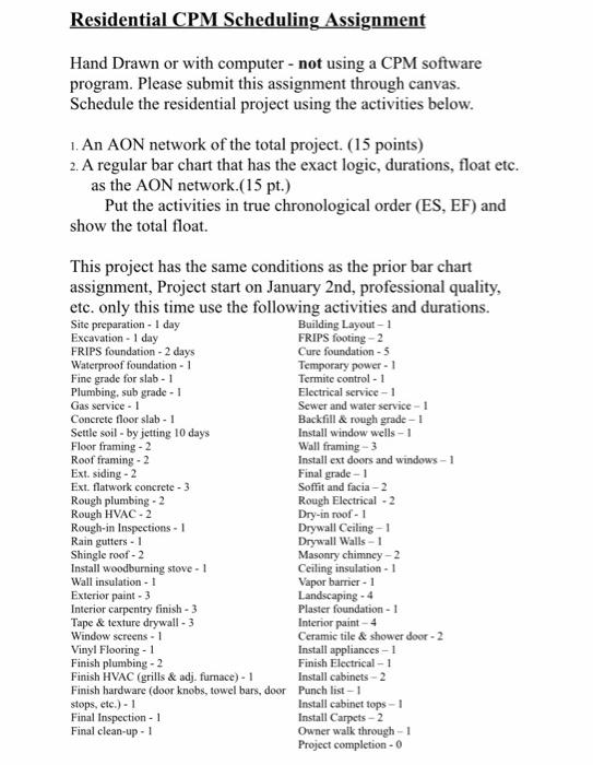 Residential CPM Scheduling Assignment Hand Drawn or | Chegg.com