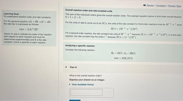 Solved Learning Goal: To understand reaction order and rate | Chegg.com