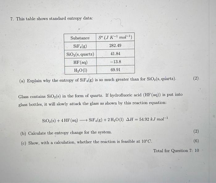 7. This table shows standard entropy data: (a) | Chegg.com