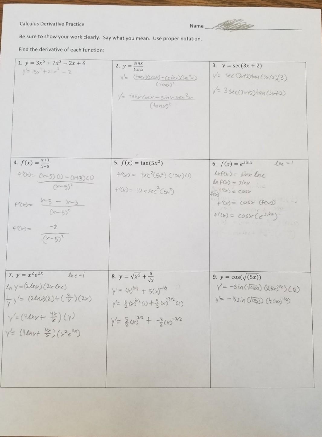 Solved Calculus Derivative Practice Name Be sure to show | Chegg.com