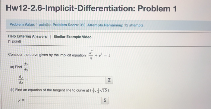Solved Hw12-2.6-Implicit-Differentiation: Problem 1 Problem | Chegg.com