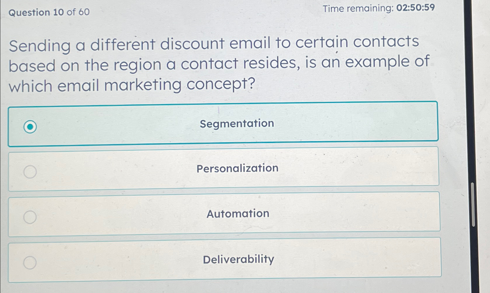 Solved Question 10 ﻿of 60Time remaining: 02:50:59Sending a | Chegg.com