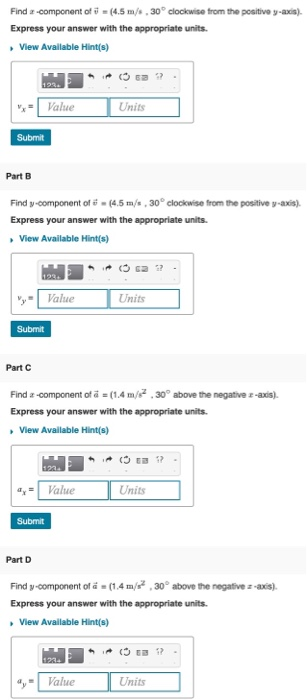 Solved Find e-component of 3 = (4.5 m/s, 30° clockwise from | Chegg.com