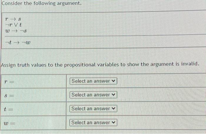 Solved Consider the following argument. r→s¬r∨tw→¬s →t→→w | Chegg.com