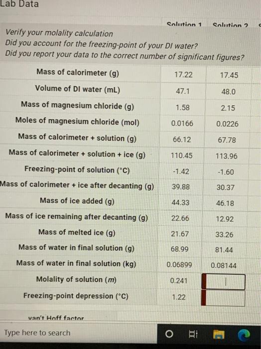 Solved Lab Data Solution 1 Solution 2 Verify your molality | Chegg.com