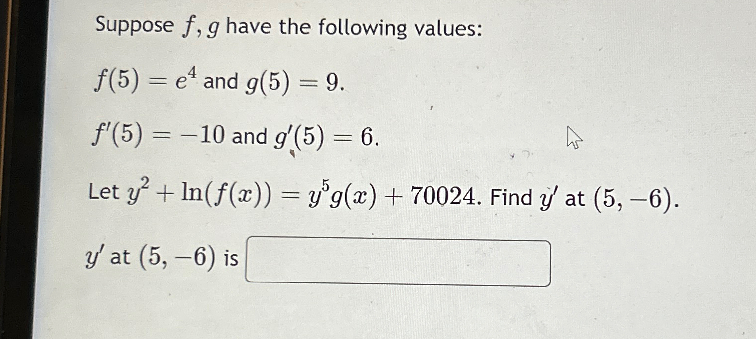 Solved Suppose f,g ﻿have the following values:f(5)=e4 ﻿and | Chegg.com