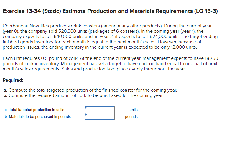 Solved Exercise 13-34 (Static) ﻿Estimate Production and | Chegg.com