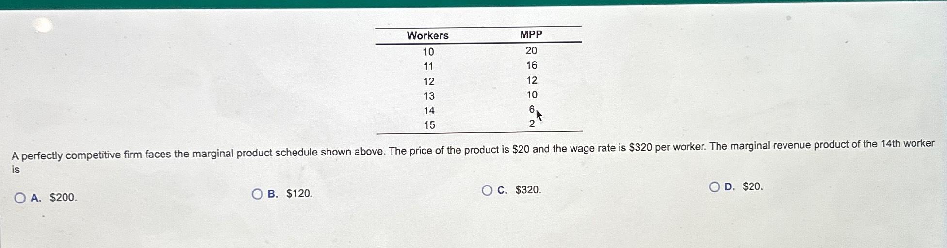 Solved \table[[Workers,MPP],[10,20],[11,16],[12,12],[13,10], | Chegg.com