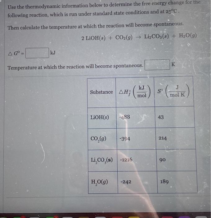Solved Use the thermodynamic information below to determine | Chegg.com