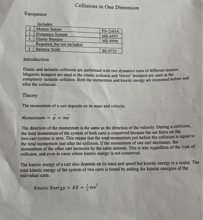 Collisions in One Dimension Equipment Introduction | Chegg.com