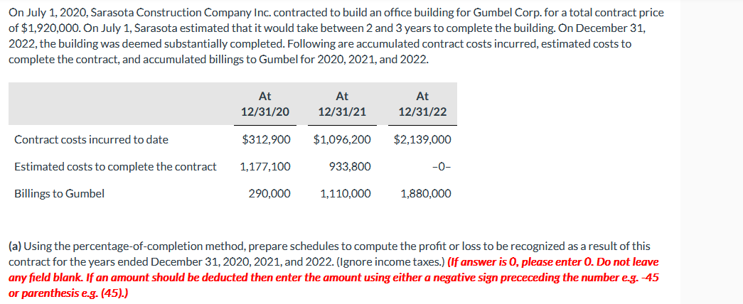 Solved On July 1, 2020, ﻿Sarasota Construction Company Inc. | Chegg.com