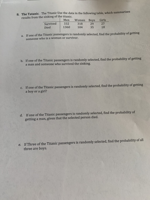 Solved 8. The Tatanic. The Titanic Use the data in the | Chegg.com