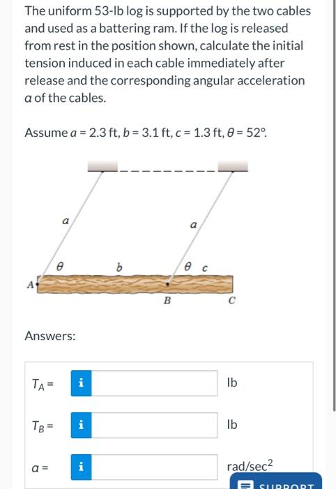 Solved The uniform 53−lb log is supported by the two cables | Chegg.com