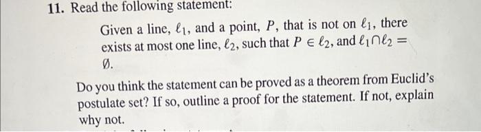 Solved 1. Read the following statement: Given a line, ℓ1, | Chegg.com