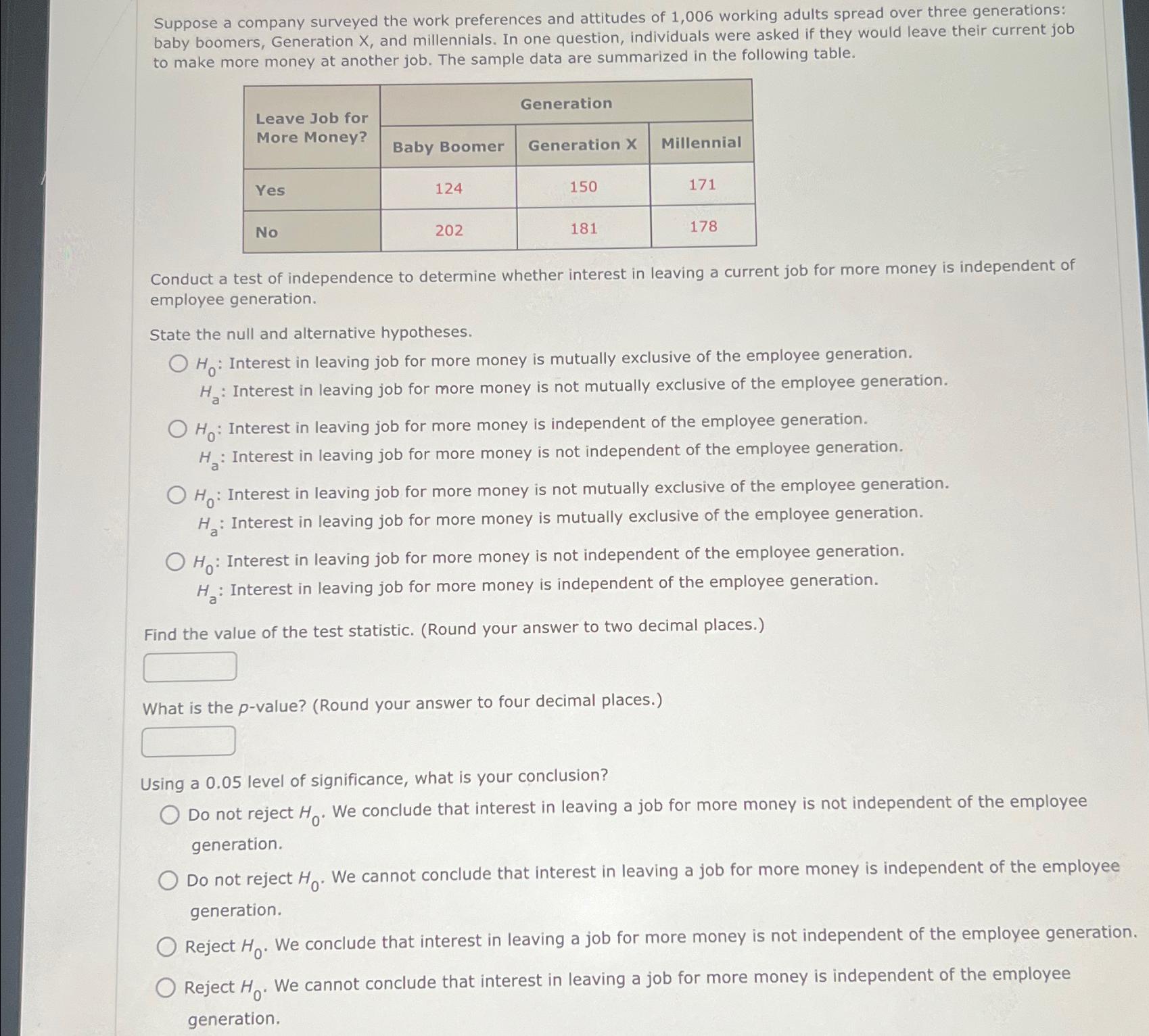 Solved Suppose a company surveyed the work preferences and | Chegg.com