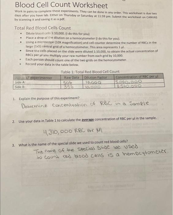 Solved Blood Cell Count Worksheet Work in pairs to complete | Chegg.com
