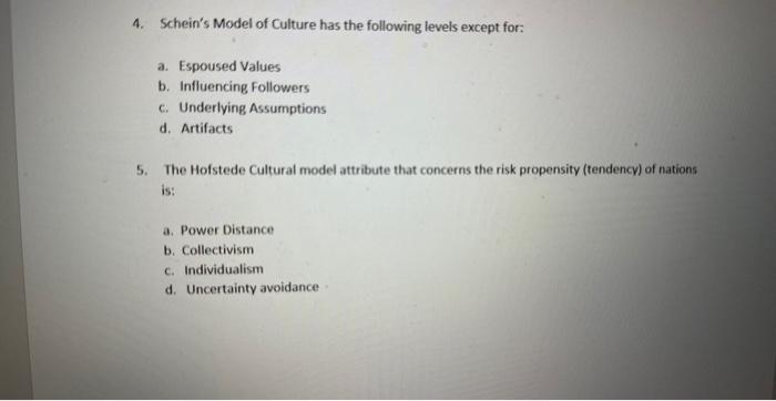 Solved 4. Schein's Model of Culture has the following levels | Chegg.com
