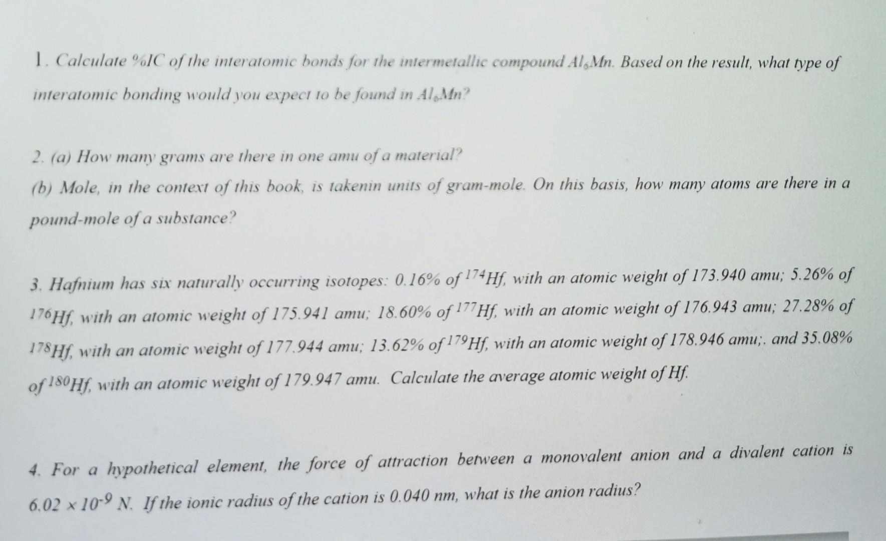 Solved 1. Calculate IC of the interatomic bonds for the | Chegg.com