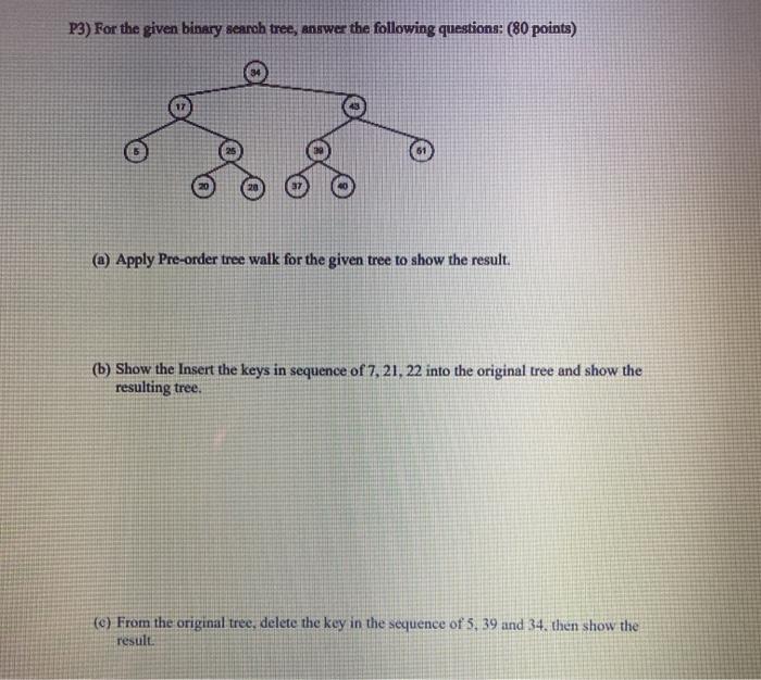Solved P3) For the given binary search tree, answer the | Chegg.com