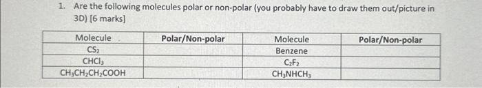 Solved 1. Are the following molecules polar or non-polar | Chegg.com