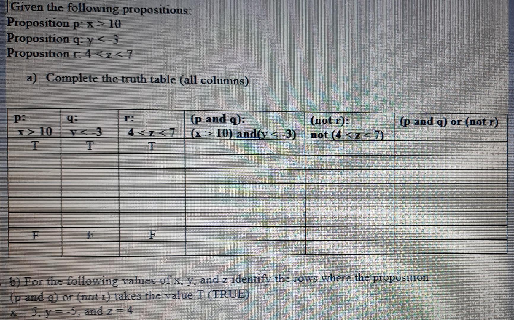 Solved Given the following propositions: Proposition p:x>10 | Chegg.com