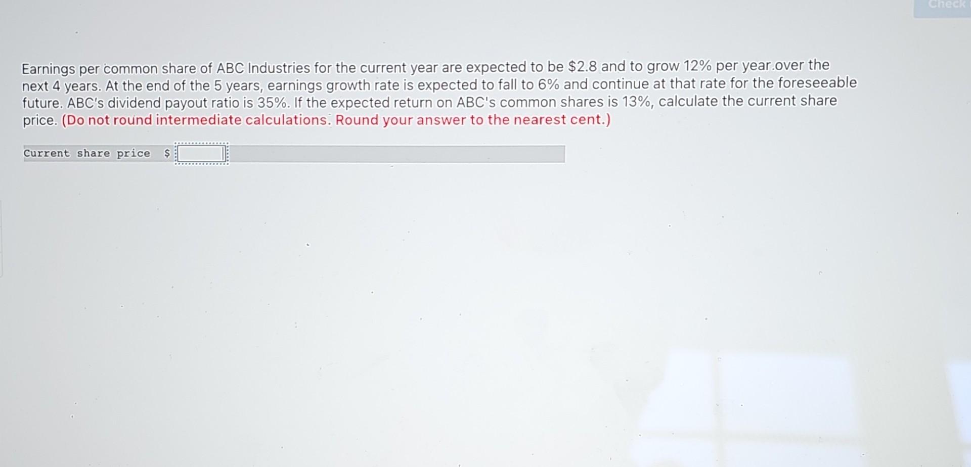 Solved Earnings per common share of ABC Industries for the | Chegg.com