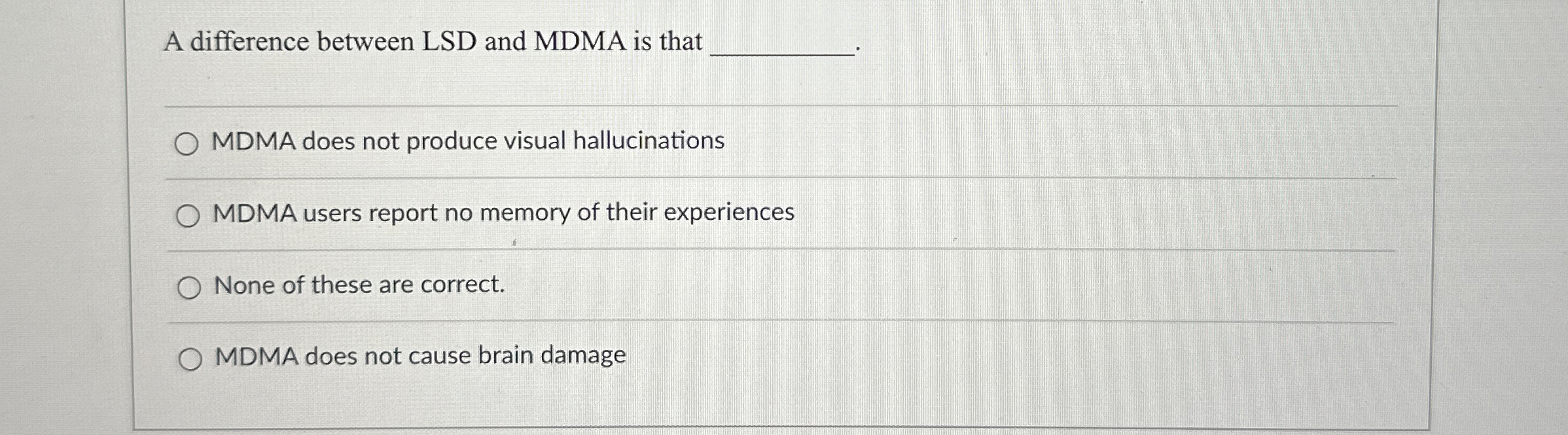 Solved A difference between LSD and MDMA is that q,MDMA does | Chegg.com