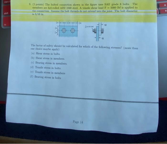 Solved 9. (2 points) The bolted connection shown in the | Chegg.com