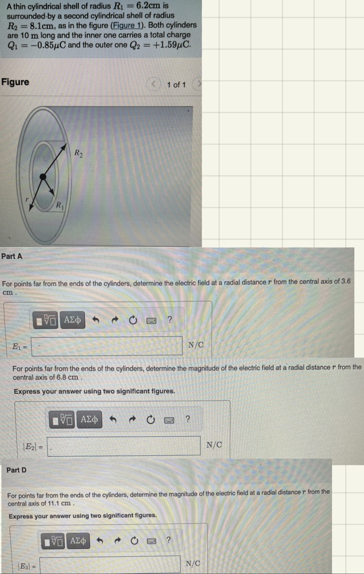 Solved A thin cylindrical shell of radius R1=6.2cm ﻿is | Chegg.com