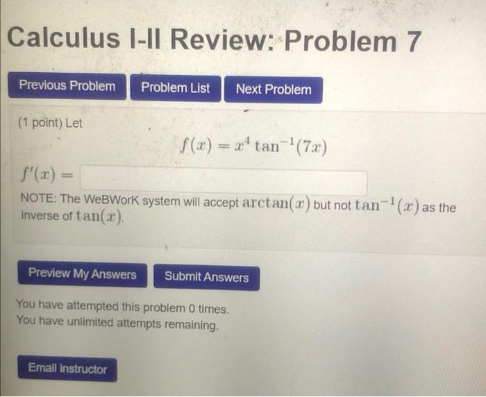 Solved Calculus I-II Review: Problem 7 (1 point) Let | Chegg.com