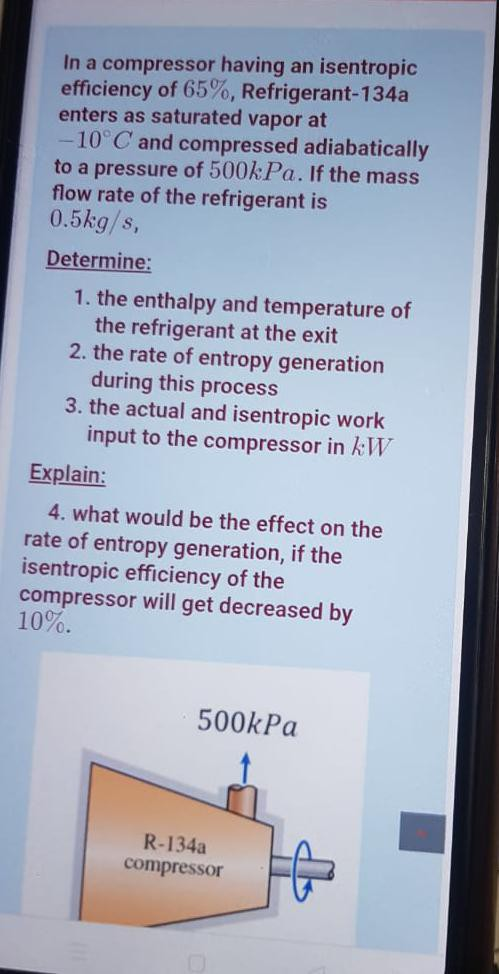 Solved In a compressor having an isentropic efficiency of | Chegg.com
