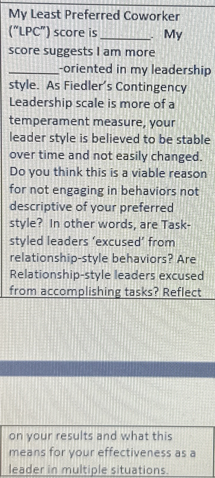 Solved My Least Preferred Coworker ("LPC") ﻿score is My | Chegg.com